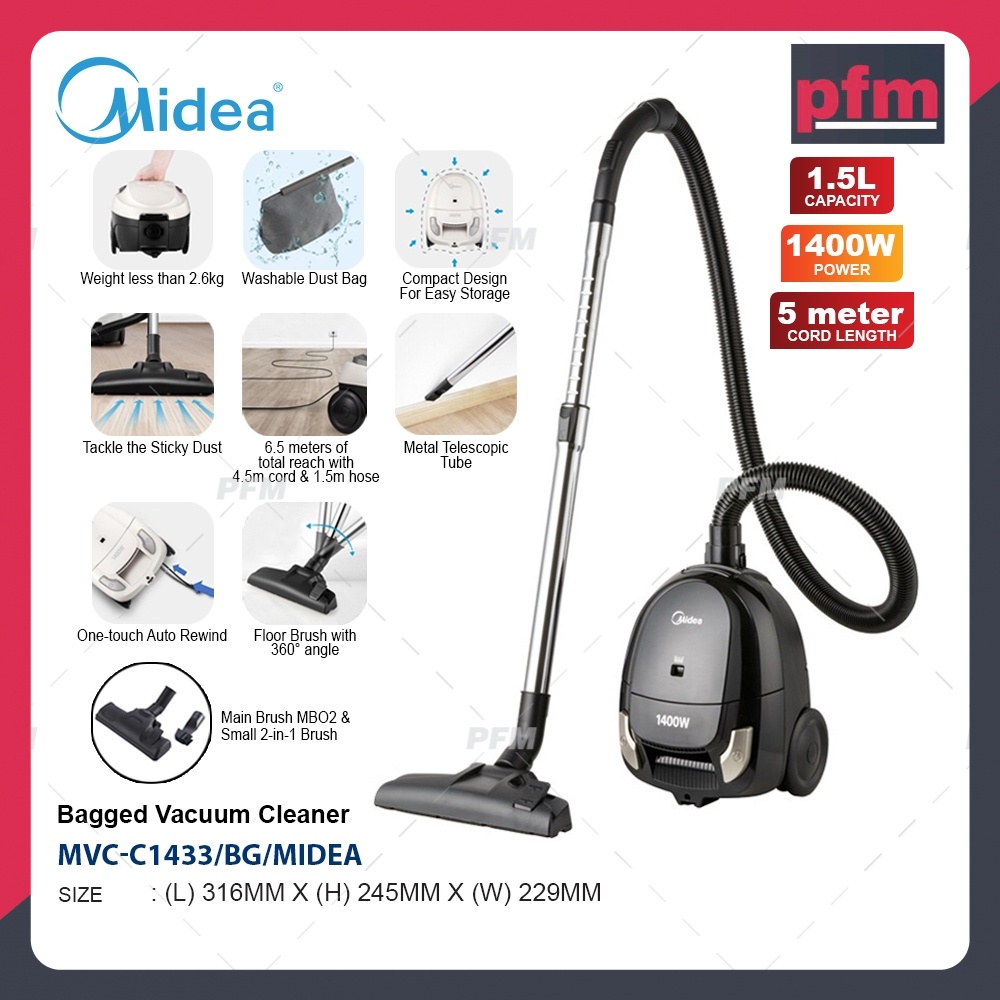 MIDEA MVC-C1433 1.5L 1400W BAGGED VACUUM CLEANER | Shopee Malaysia