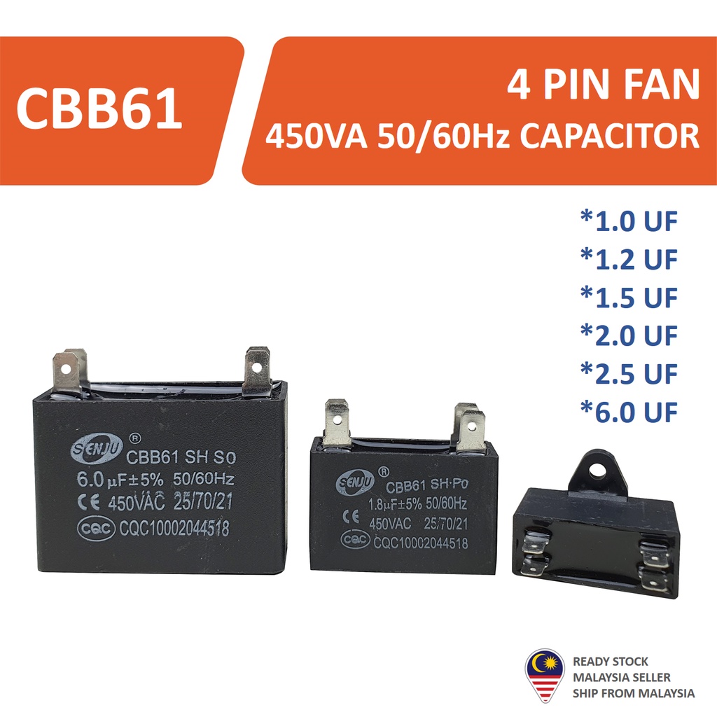 Senju CBB61 4 Pin Fan Capasitor Motor Capacitor 1uf 1.2uf 1.8UF 2uf 2.5uf 6uf 3uf 3.5uf | Shopee ...
