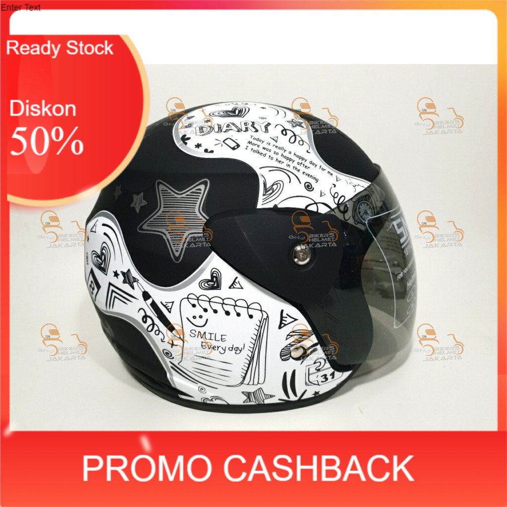 Helm HELEM DIARY BLACK WHITE DOFF MODEL GM EVO HALF FACE IJIN SNI ...