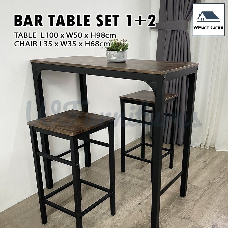 L100cm Classic Wooden Coffee Bar Table + 2 Bar Stool | Shopee Malaysia