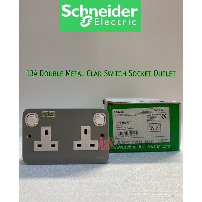 Schneider Electric ESM Metal Clad 13A 2 Gang Double Twin Switched Socket Esm25 | Shopee Malaysia
