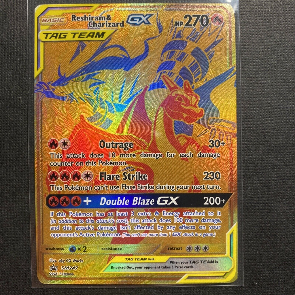 Pokemon TCG Reshiram & Charizard GX - SM247 - Gold Full Art Promo Card ...