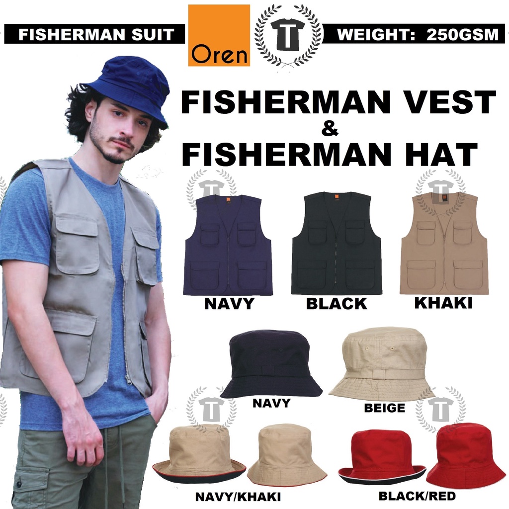 Fisherman Vest & Hat Topi - Casual Fishing Vest / Rompi pancing - Black ...