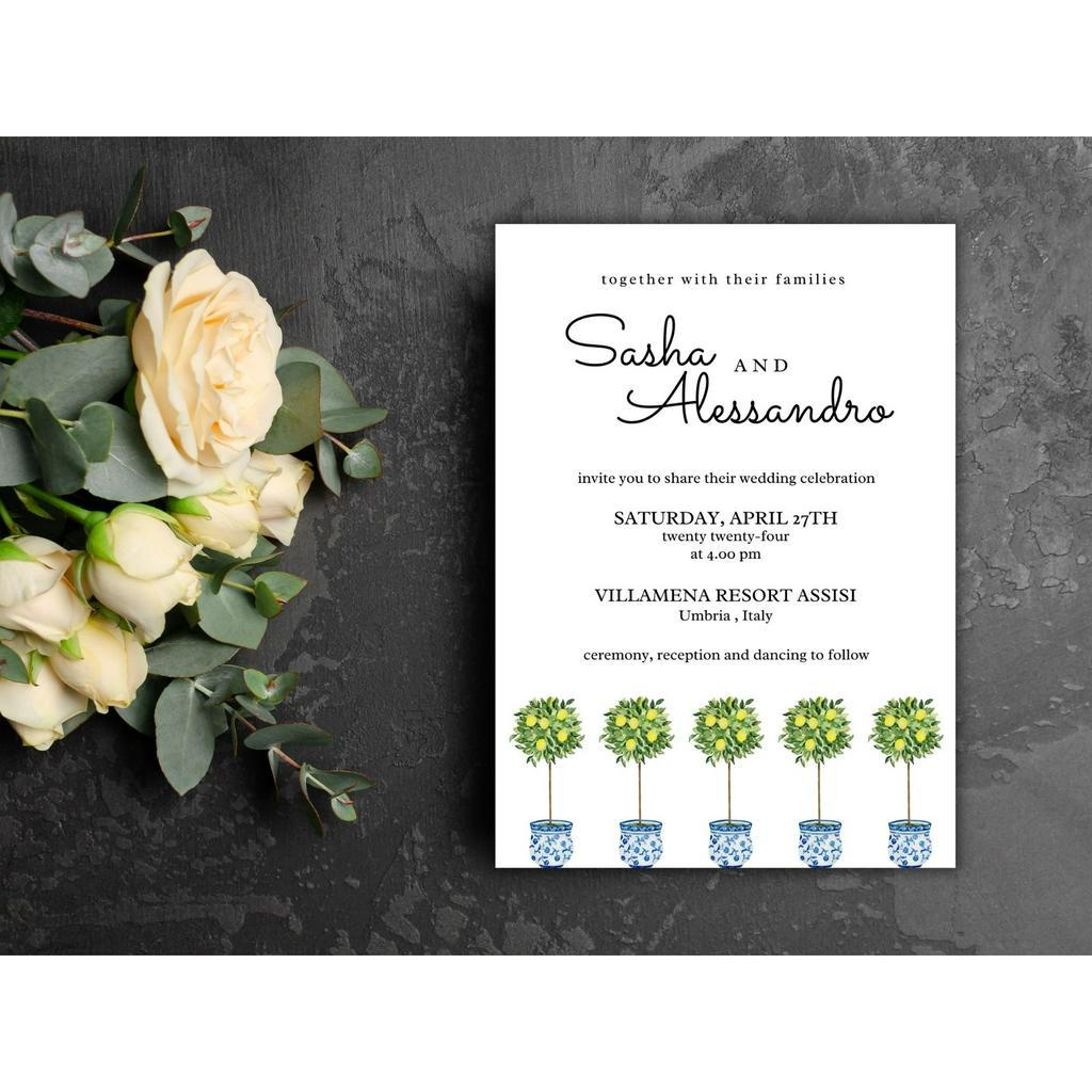 Minimalist Lemon Tree Wedding Invitation with QR Code, Digital Editable ...