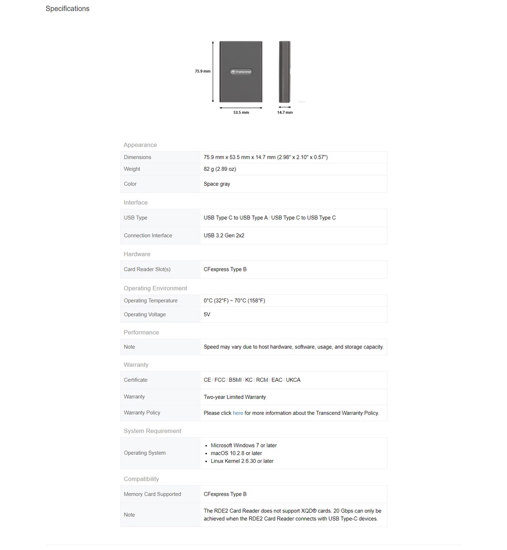 Transcend RDE2 Card Reader CFexpress Type B USB 3.2 2x2 Type C (Black ...