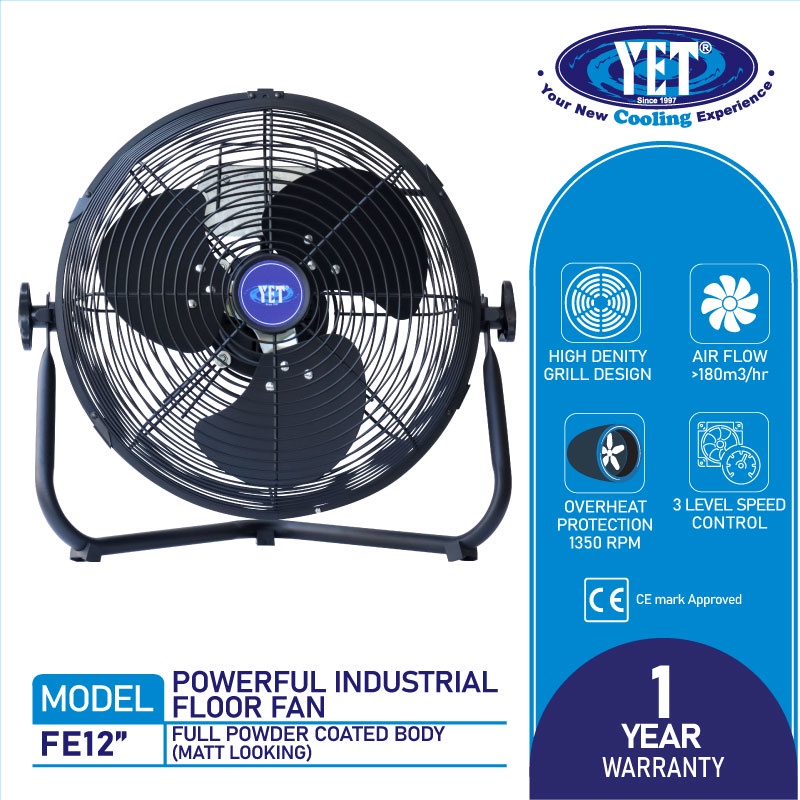 YET FE12 12 Inch Auto Swing Heavy Duty Powerful Industrial Floor Fan ...