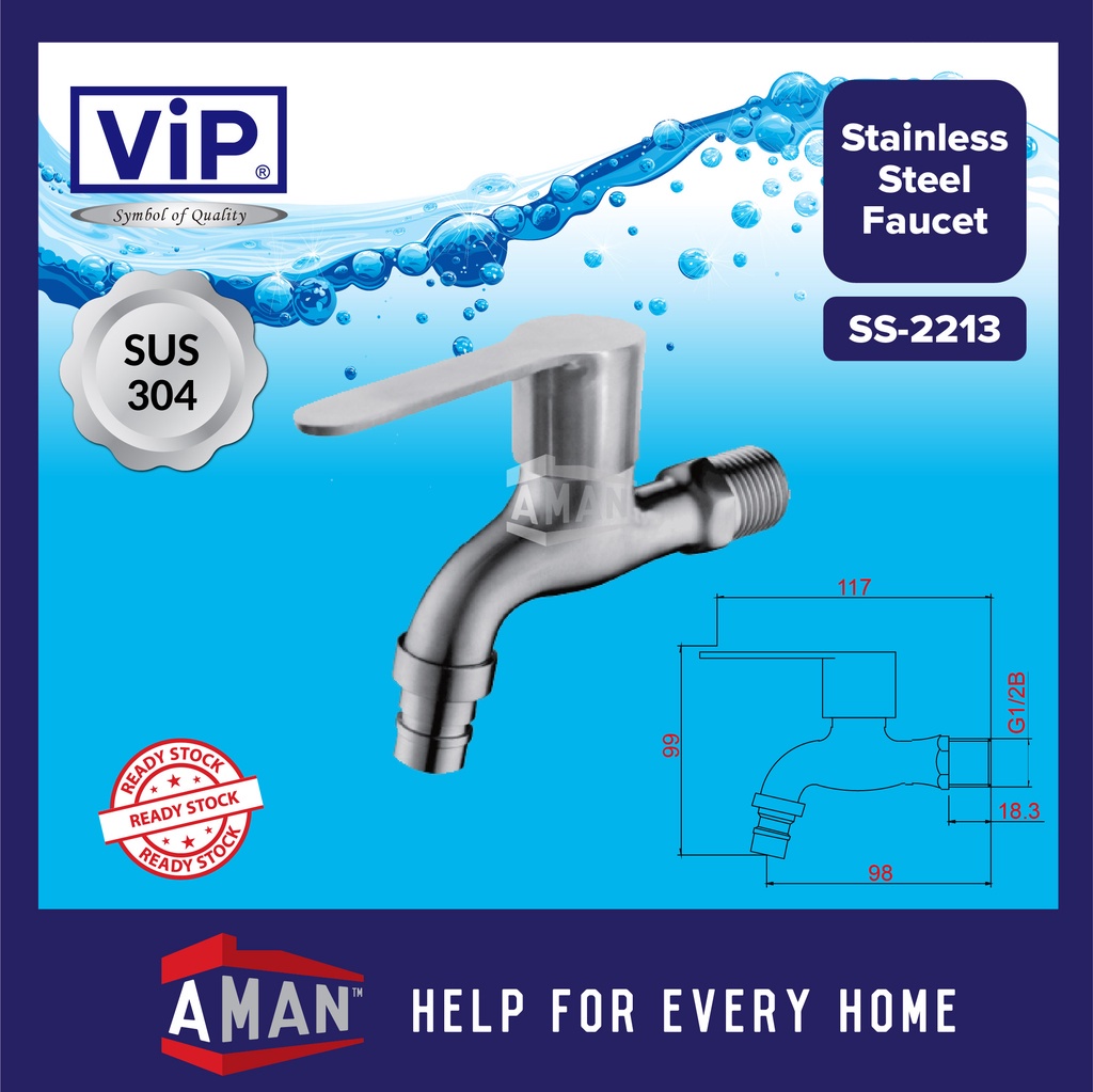 VIP SUS-304 Stainless Steel Wall Tap Water Tap Sink Tap Bibtap Faucet Paip Air 墙出白钢水龙头 SS-2213 ...