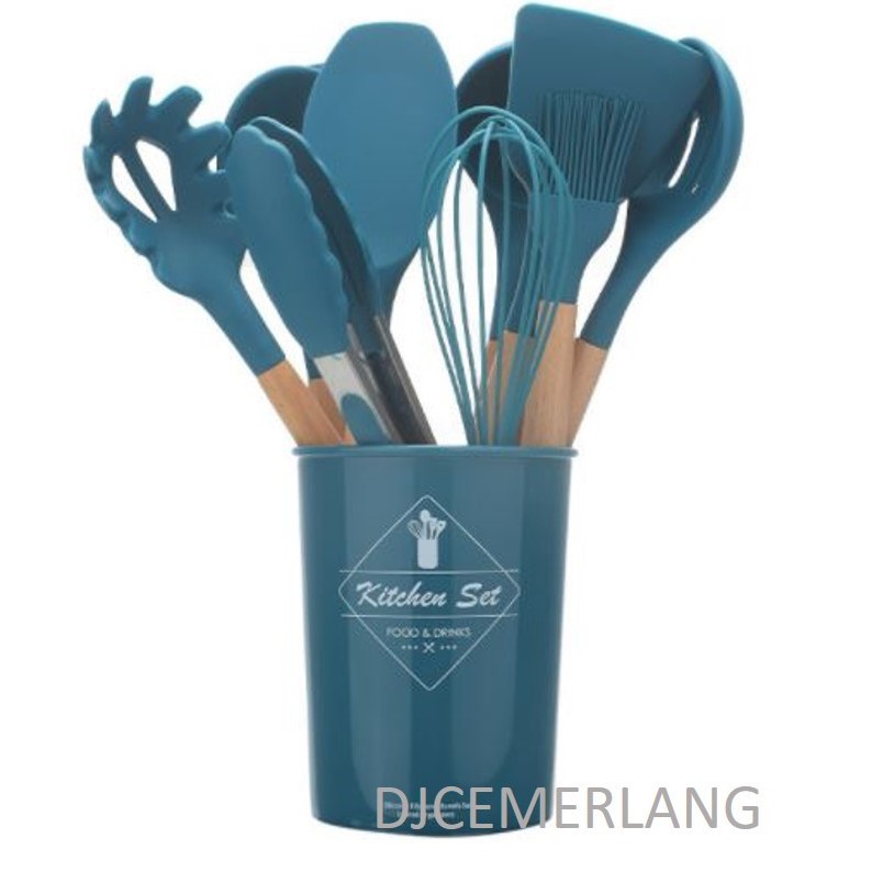 Set Senduk Kitchen Utensil 11pcs Silicone Kitchen Tool Set Wooden ...