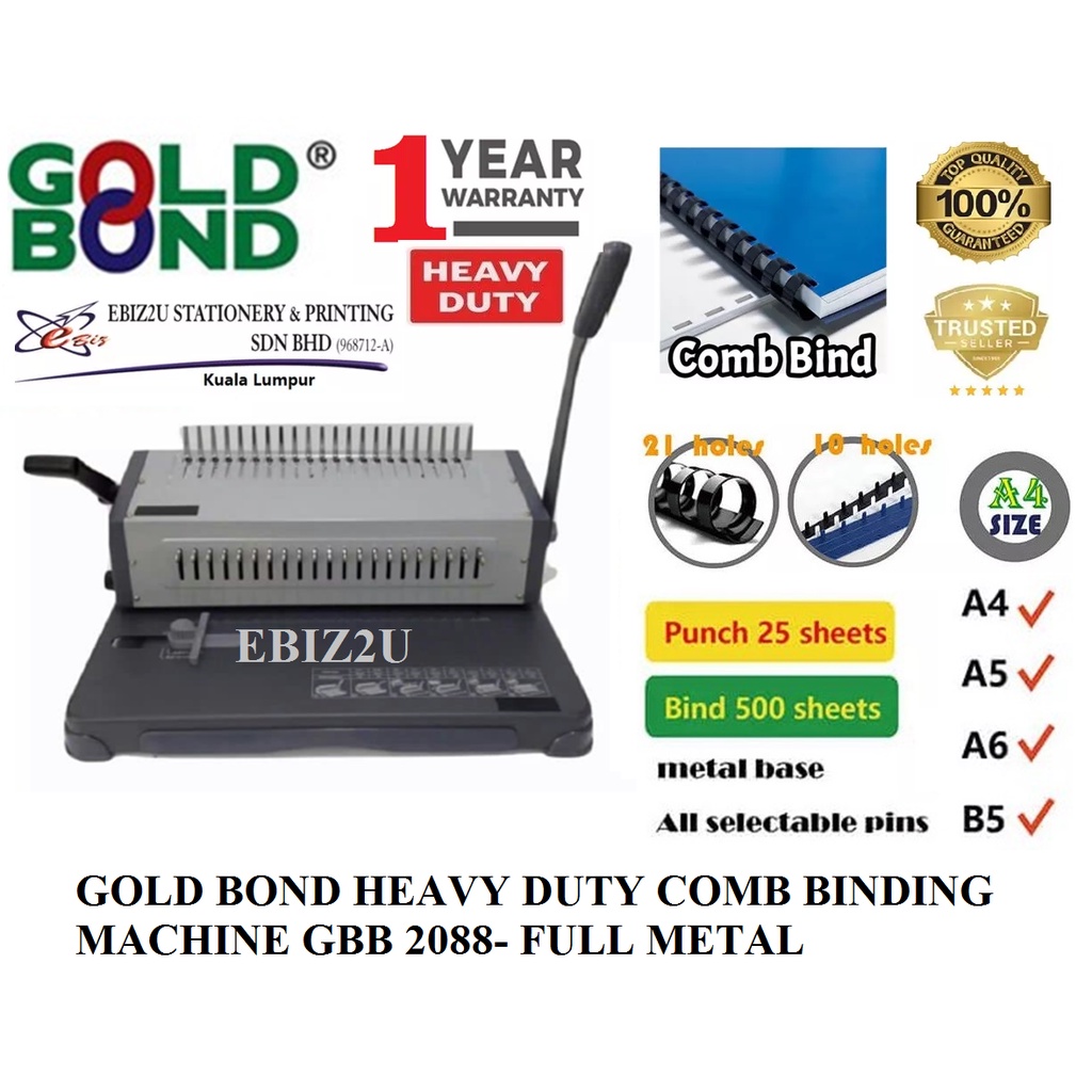 GOLD BOND HEAVY DUTY COMB BINDING MACHINE GBB 2088 FULL METAL heavy ...