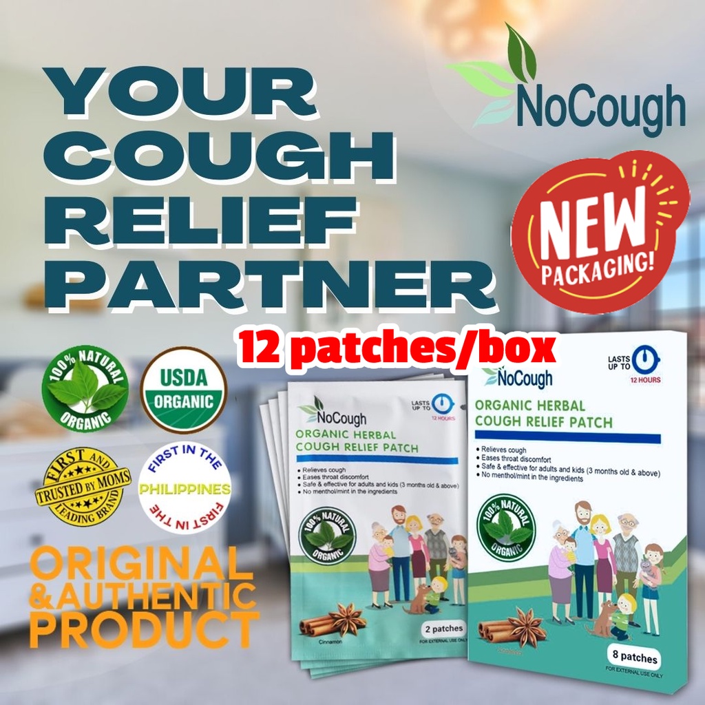 6 SACHETS (12 PATCHES) NoCough Organic Herbal Cough Relief Patch Colds ...