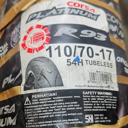 Corsa Platinum R93 17" 110/70-17 54H Tayar Tubeless Tyre Original ...