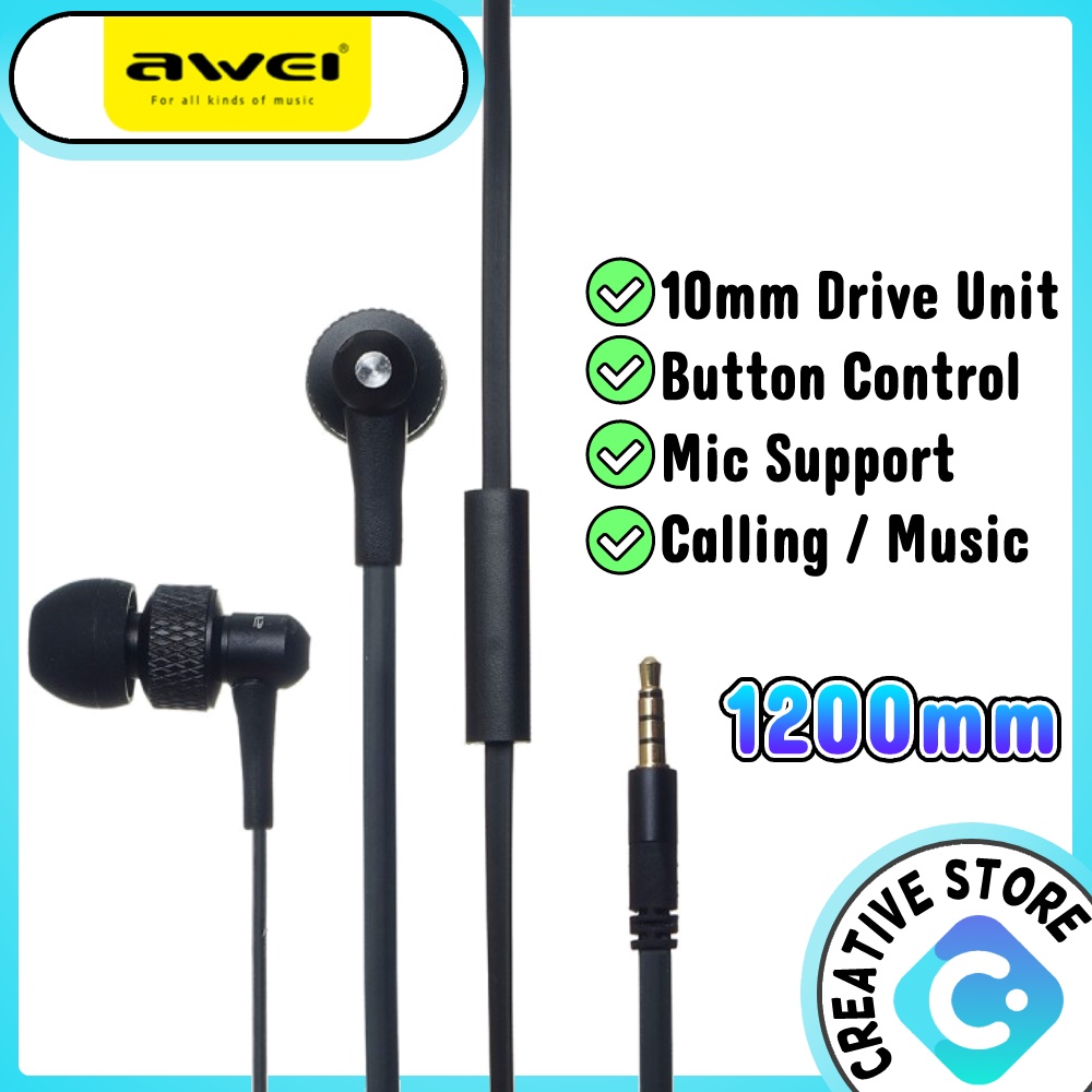 awei HIFI bass stereo in ear earphone with mic 3.5mm jack aux 1200mm ...