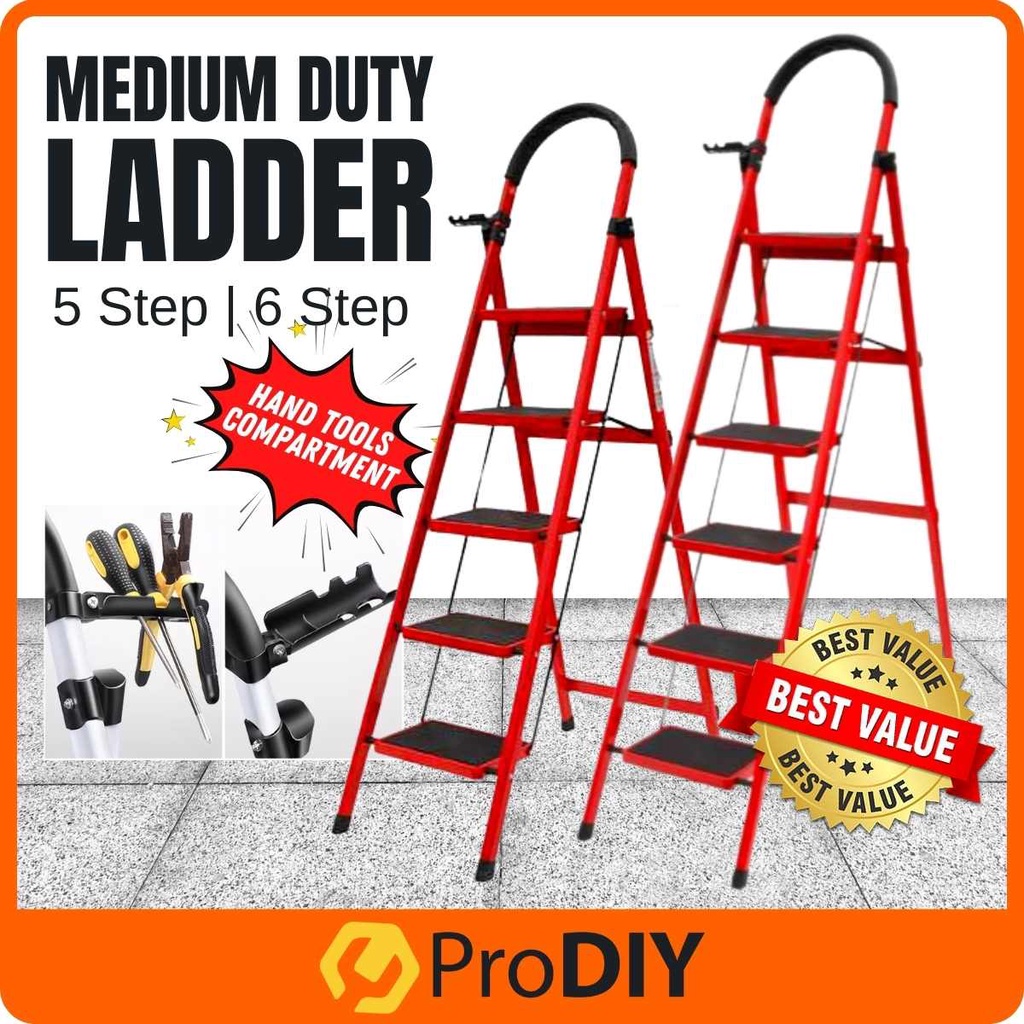 MEDIUM DUTY 5 / 6 Steps Foldable Steel Ladder Lightweight Industrial ...
