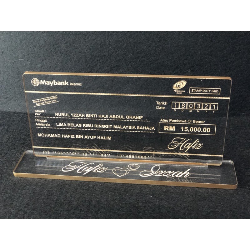 Replica Cek Hantaran Perkahwinan Acrylic Engrave | mock up Cheque ...