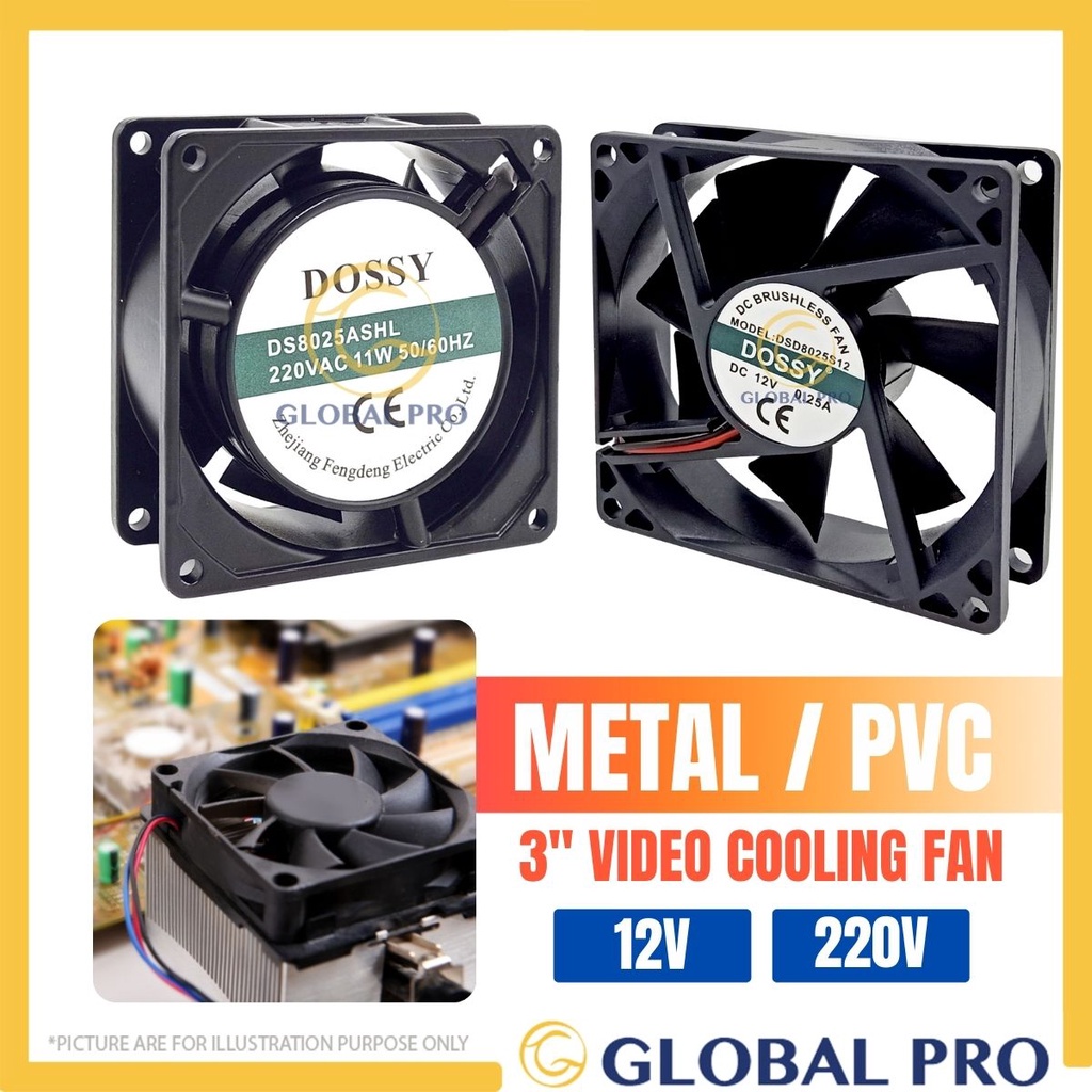 3" VIDEO COOLING FAN 7 Blades METAL / PVC Frame 220V / 12V Fan Cooling ...