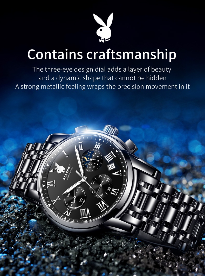 PLAYBOY Men Watch Official Moon Phase Chronograph Original Multi-Dial ...