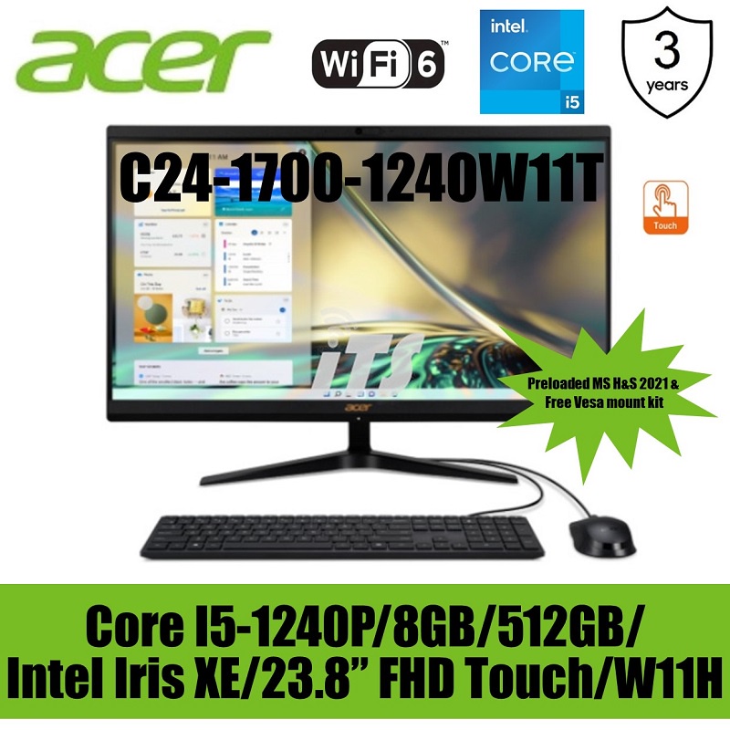 Acer Aspire C24-1700-1240W11T All-In-One PC (i5-1240P/8GB/512GB/23.8 ...