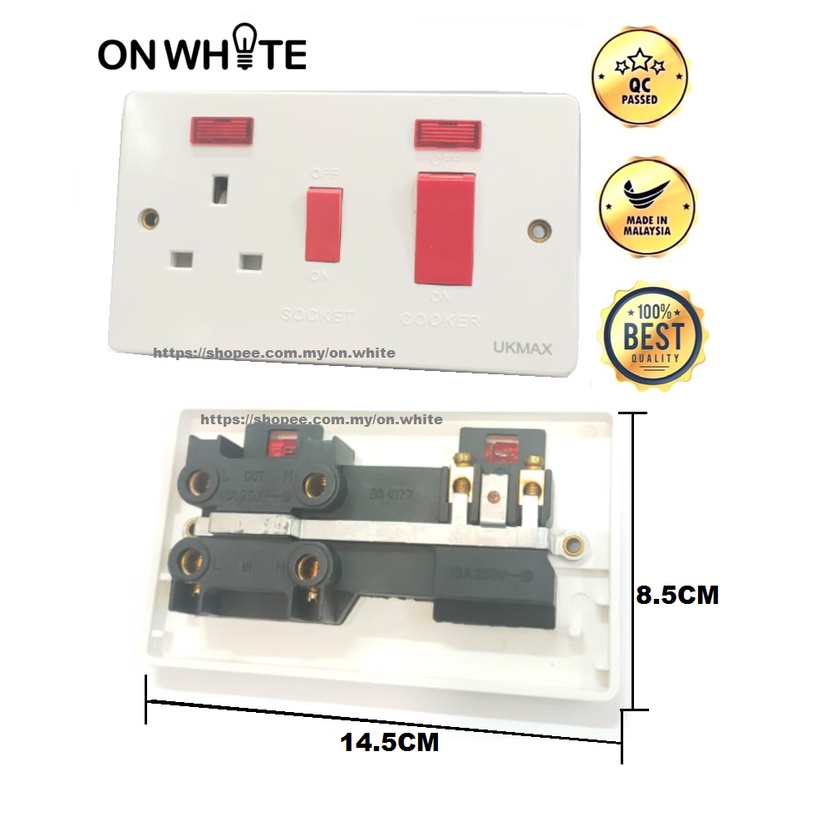 Ukmax 45a Double Pole Cooker Unit C W 13a Switch Socket Neon Suitable