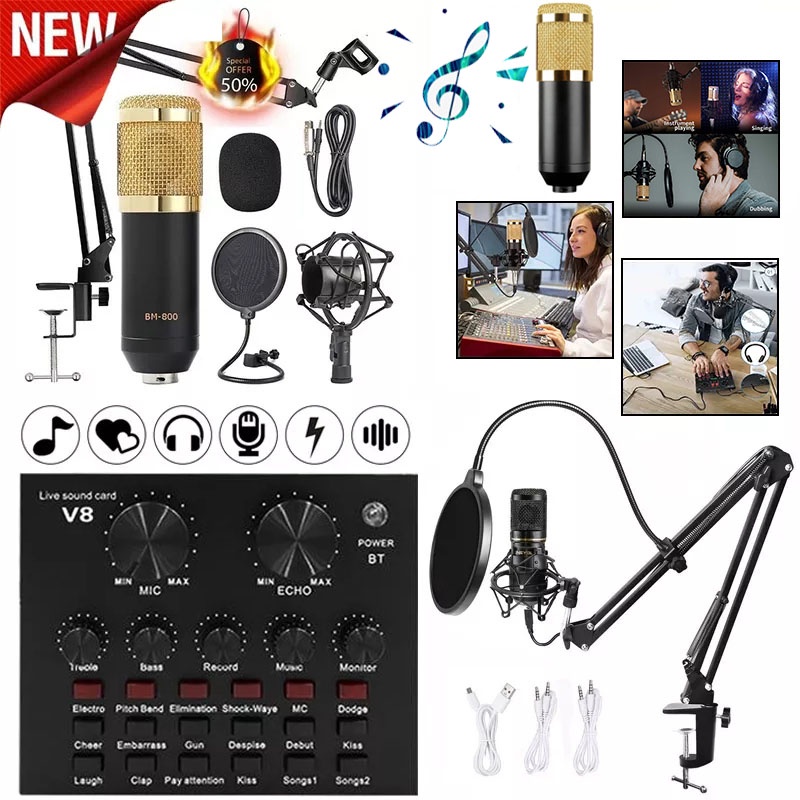 BM800-V8 Microphone Kits with Live Sound Card,Suspension Scissor Arm ...