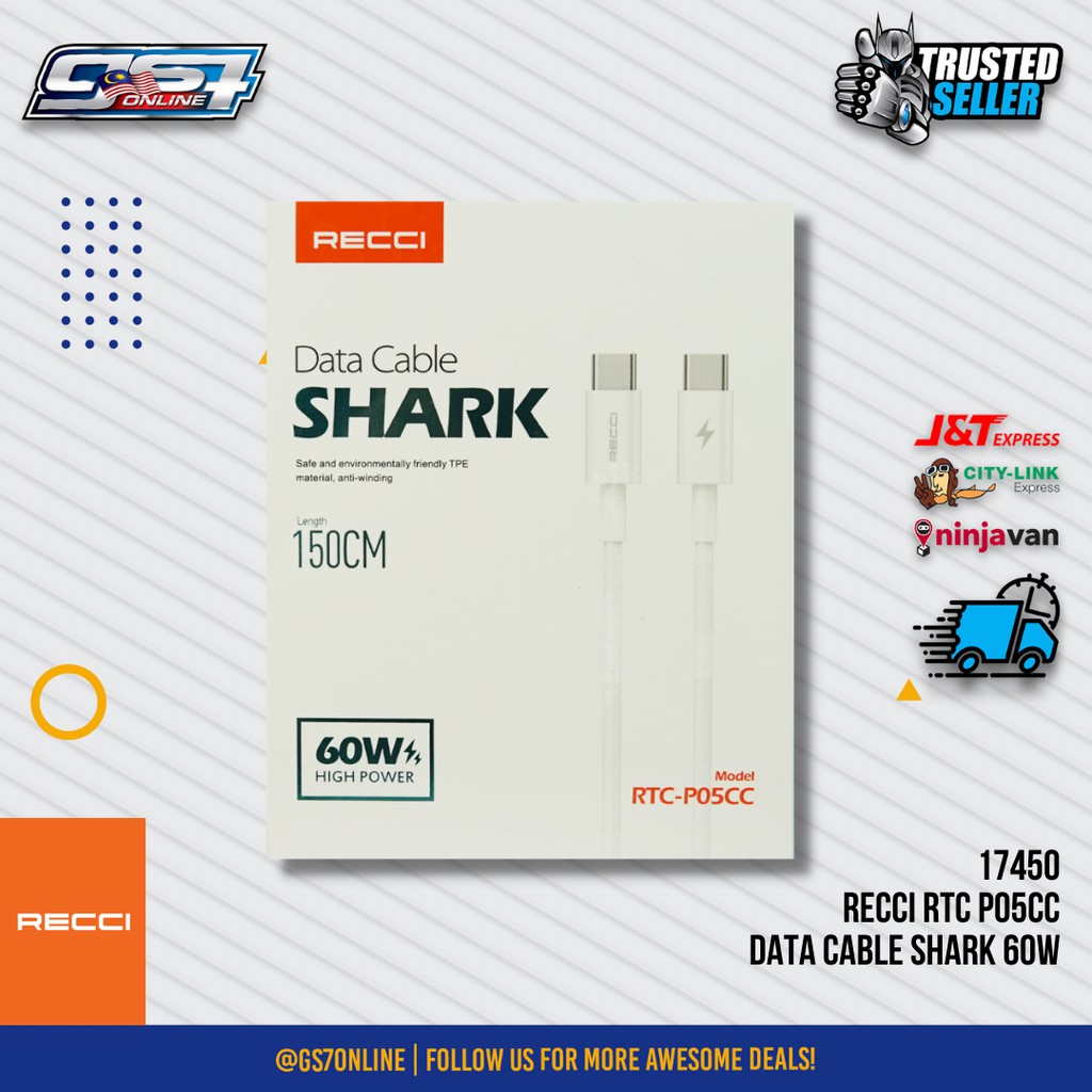 Recci Pd C To C Rtc P05cc Data Cable Shark 150cm 60w Shopee Malaysia