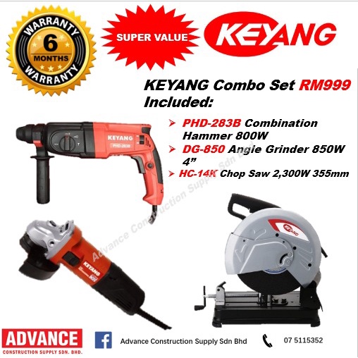 KEYANG Power Tools Combo Set RM999 **Included Chop Saw, Angle Grinder and Combination Hammer 【6 ...