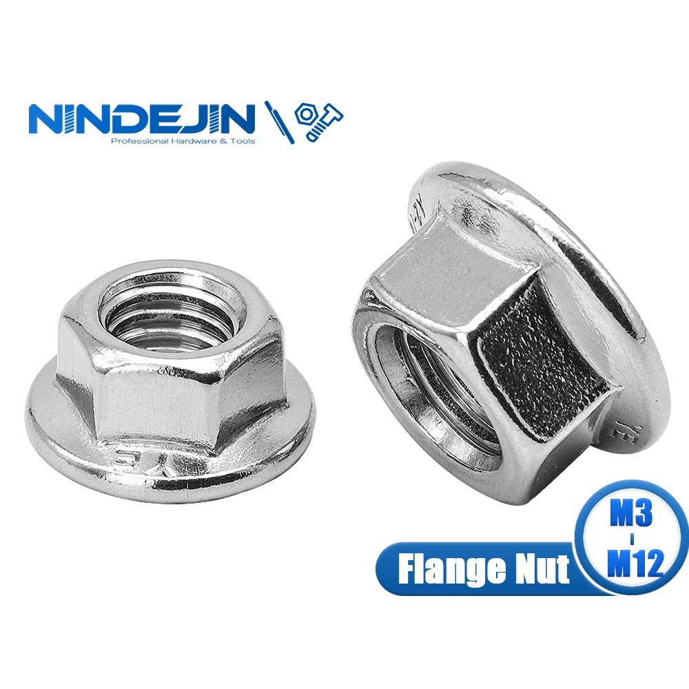 NINDEJIN Hexagon Flange Nut With Serration 304 Stainless Steel Zinc Plated Carbon Steel DIN6923 ...