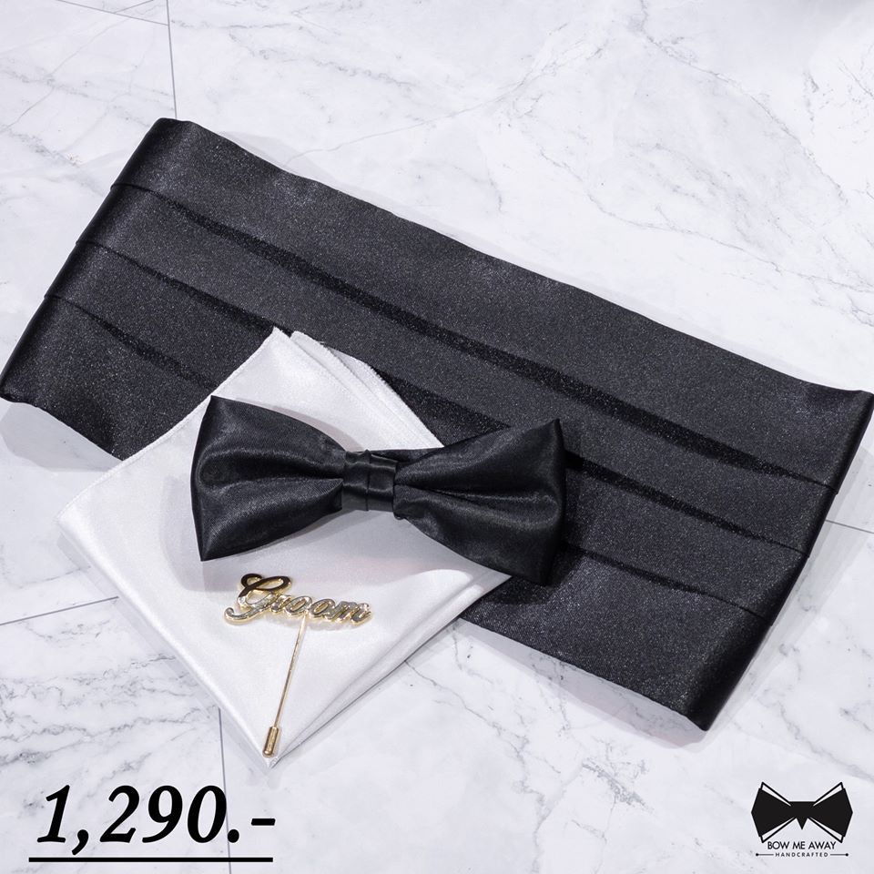 Black Bow Tie Set Silk Satin + Suit Handkerchief + Tuxedo Sash + Harp ...