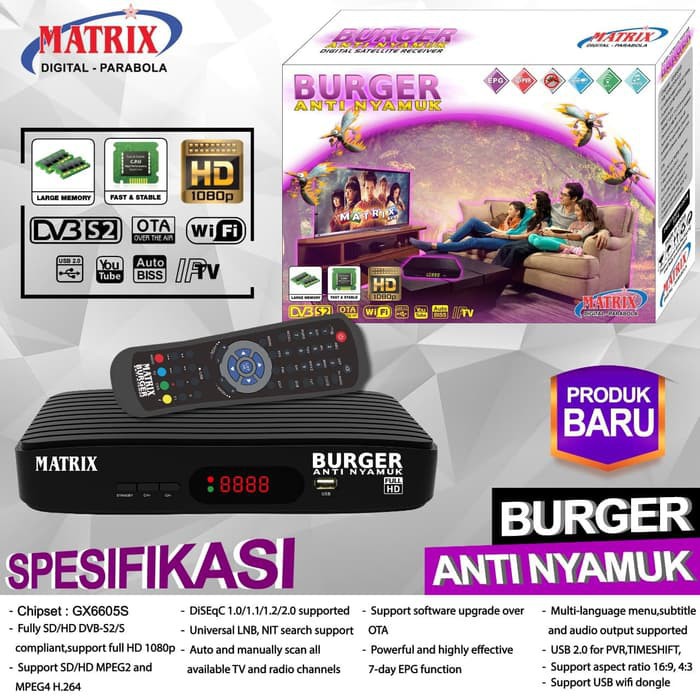 Receiver Matrix Burger Anti Nyamuk (Free Wifi Adapater) Support PowerVu,Cccam,IPTV, Youtube ...