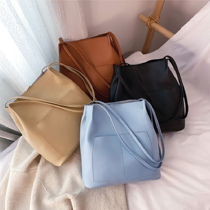 BBD Female Student Double Pocket Shoulder Bucket Bag School Tote Bag ...