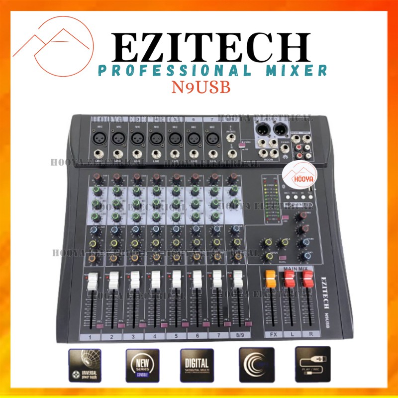 Ezitech N9USB 9 Channel Professional Live Studio Audio Mixer with 48V Phantom Console | Shopee ...