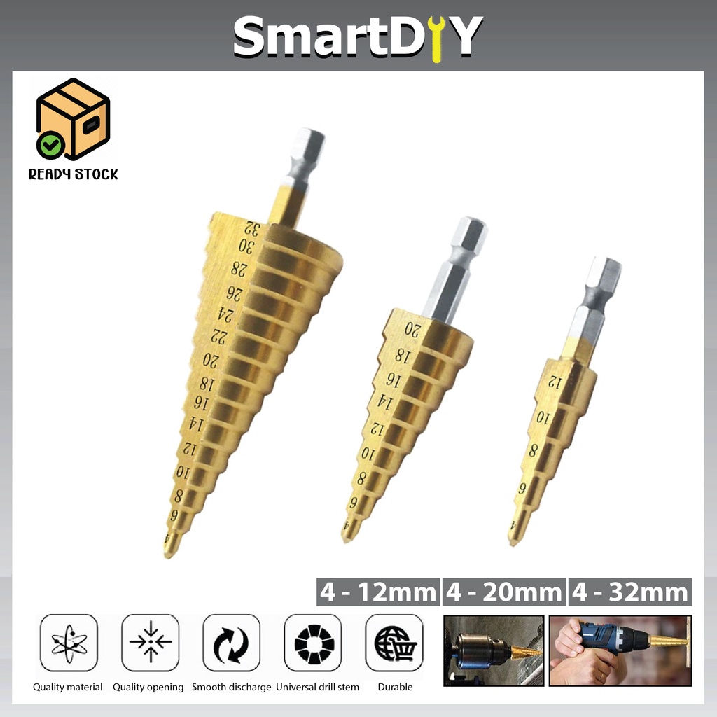4-12/20/32mm Spiral Flute Shape Hole Cutter HSS Steel Step Cone Drill ...