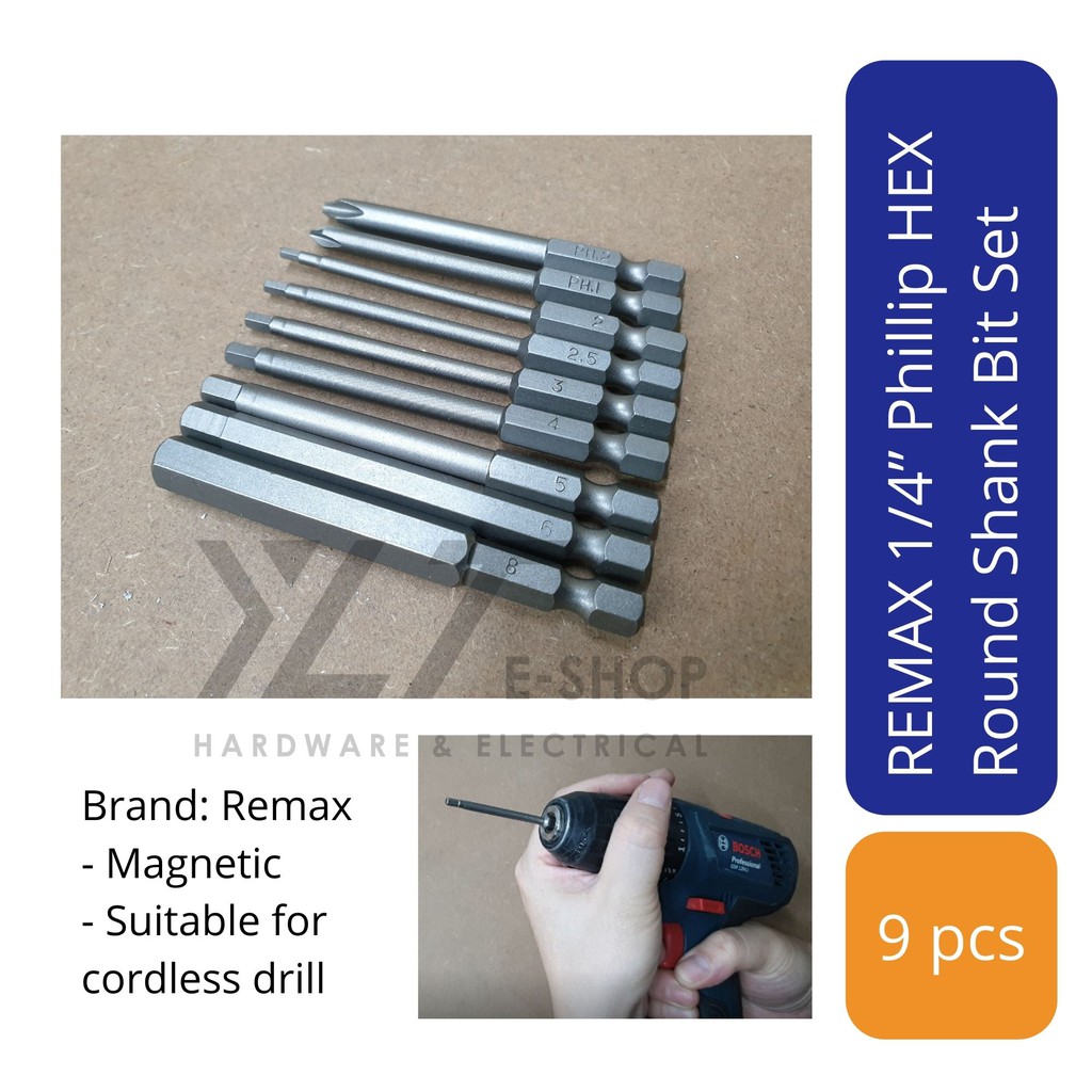 REMAX 1/4” Phillip HEX Round Shank Magnetic Bit Set (9pcs) Allen Key ...