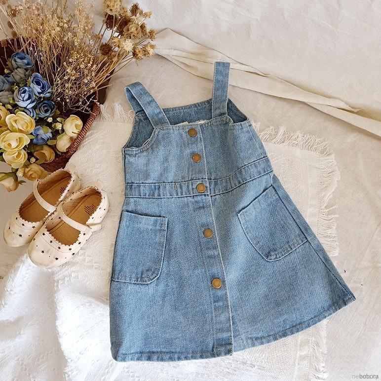 BOBORA Baby Girls Strap Solid Print Pattern Casual Denim Dress Kids ...