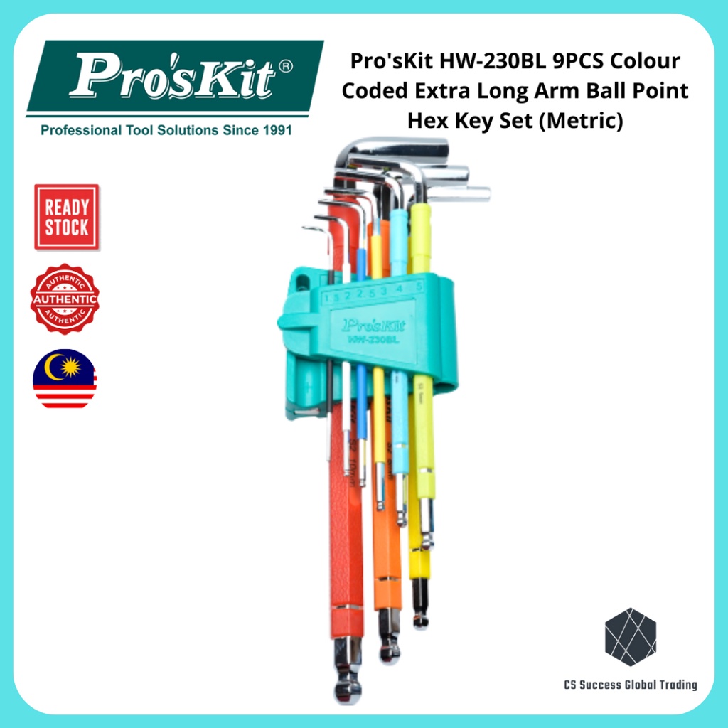 🔥Hot Product🔥 Pro'sKit HW-230BL 9PCS Colour Coded Extra Long Arm Ball Point Hex Key Set (Metric ...