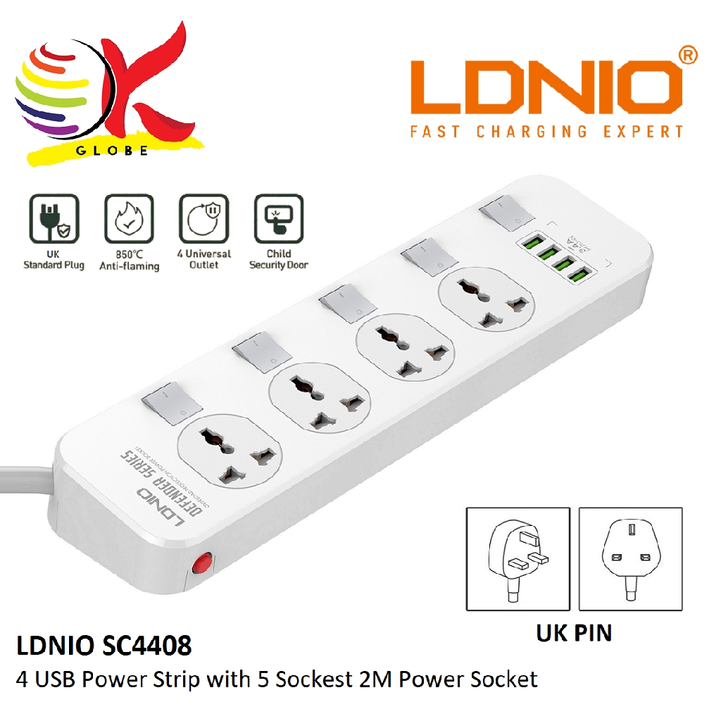 LDNIO SC4408 EXTENSION SOCKET 4 UNIVERSAL POWER SOCKETS 4 USB PORTS ...
