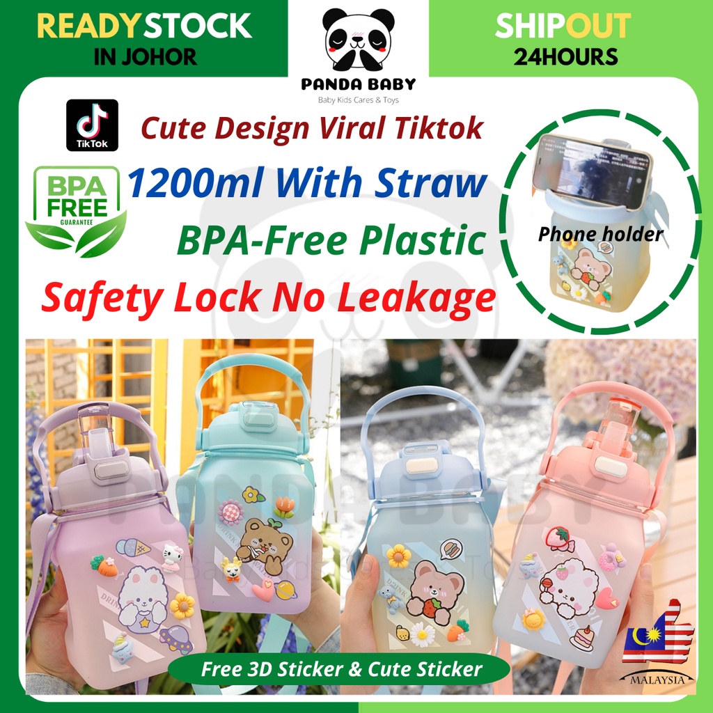 PANDA BABY 1200ML Kids Cute Water Bottle With Straw Large Capacity Water Gradient Color Stickers ...