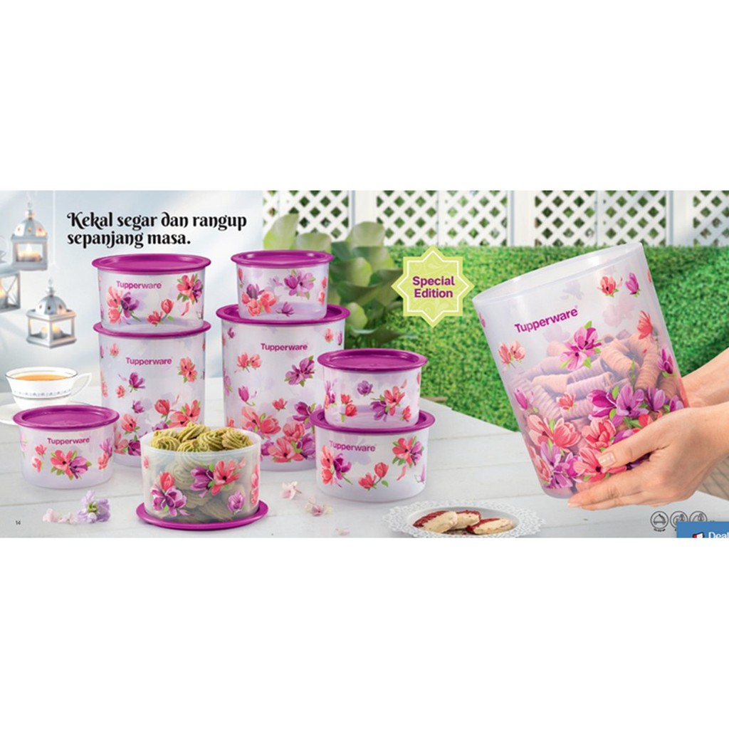 TUPPERWARE Garden Blooms One Touch Topper Junior (6) 600ml - Bekas Snek/Kuih Raya Kedap Udara ...