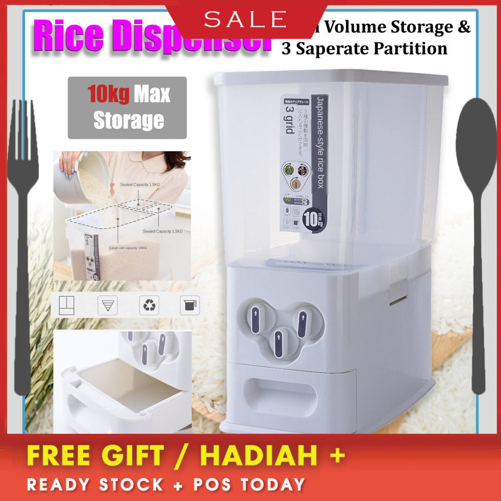 Grid 10KG Dispenser Airtight Kitchen Three Rice Storage Rice Storage ...