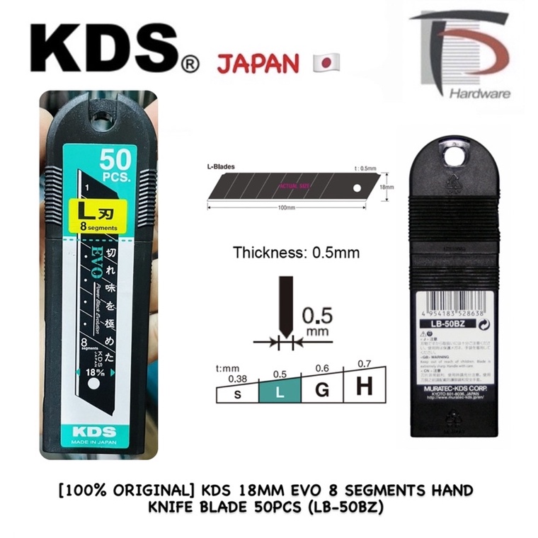 [100% ORIGINAL] KDS 18MM EVO 8 SEGMENTS HAND KNIFE BLADE 50PCS (LB-50BZ ...