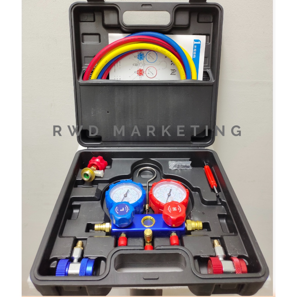 R134a Manifold Gauge Set R22 R134a R404a R12 Refrigerant Gas Meter Kereta Car Aircond Penyaman ...