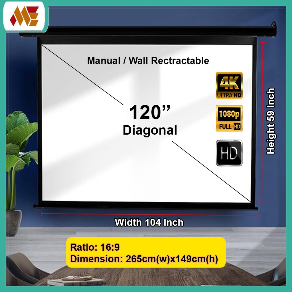 120" 16:9 Manual & Wall Retractable Ceiling Mount Projector Screen (104 ...