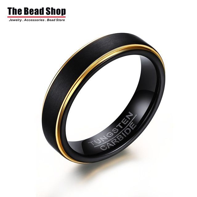 【READY STOCK】100% Authentic 5mm Two Gold Line Black Tungsten Carbide ...