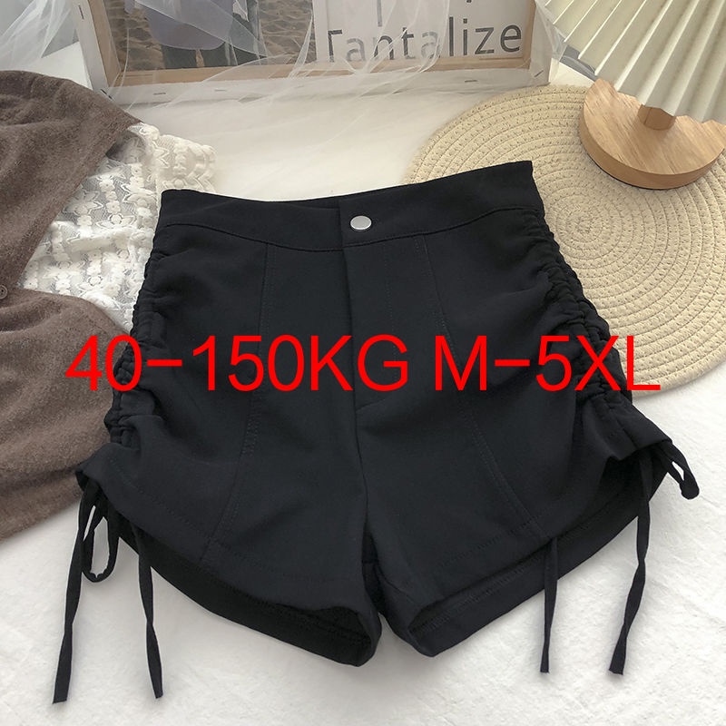 【M-5XL 40-150KG】2022夏季新款大码胖mm阔脚裤女高腰显瘦绑带A字短裤黑色休闲热裤 plus size extra large size oversize fat big ...