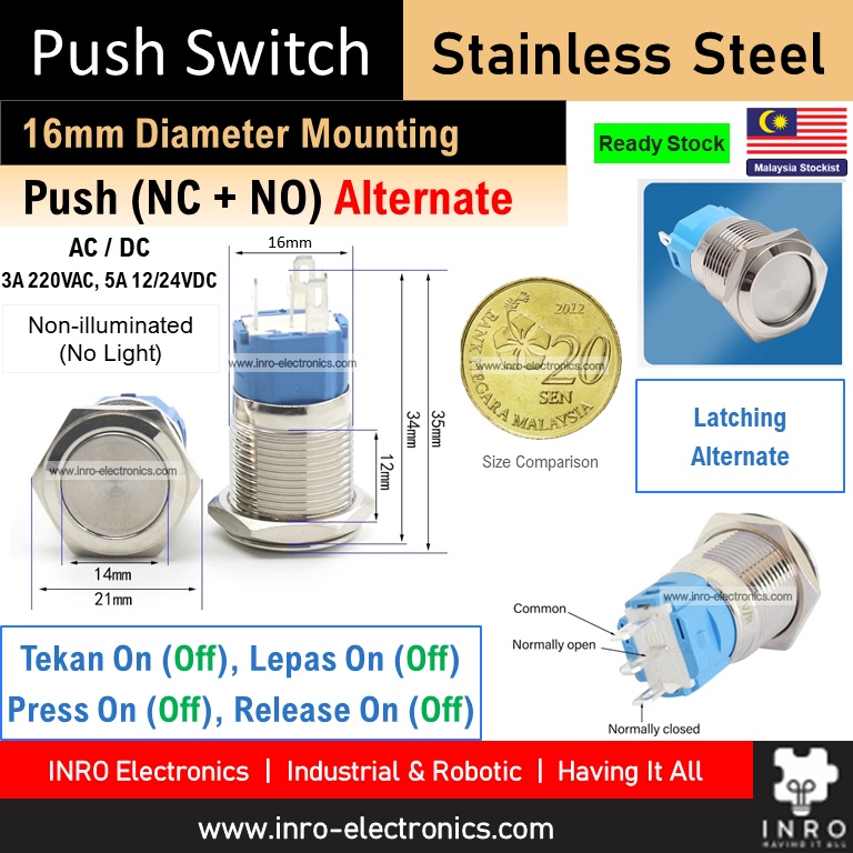 [AC / DC] Waterproof NC NO Push Button Suis 16mm, 19mm, 22mm AC DC ...