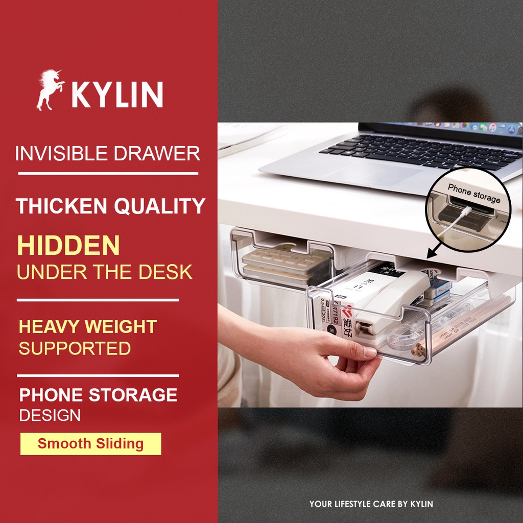 KYLIN Invisible Drawer Hidden Storage Under Desk Table Organizer Drawer ...