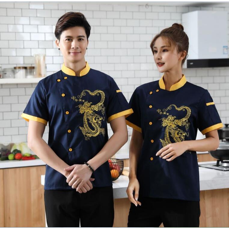 Chinese style short sleeve Chef Uniform Embroidered dragon Hotel ...