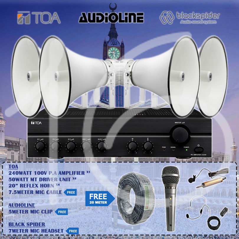 TOA PA SYSTEM PACKAGE (SURAU /MASJID) TOA A-2240 240W Mixing Amplifier with 4 Unit 50W Reflex ...