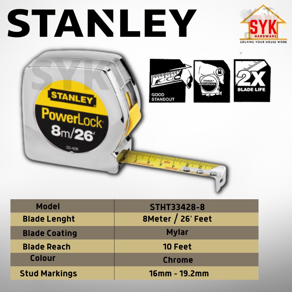 SYK Stanley STHT33428-8 (25mm) Power Lock Measuring Tape Ruler Chrome ...
