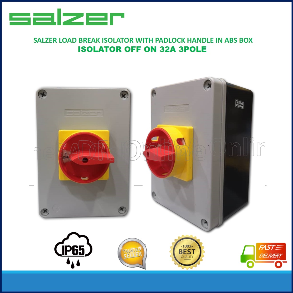 SALZER LOAD BREAK ISOLATOR WITH PADLOCK HANDLE IN ABS BOX 3POLE 32A 40A ...