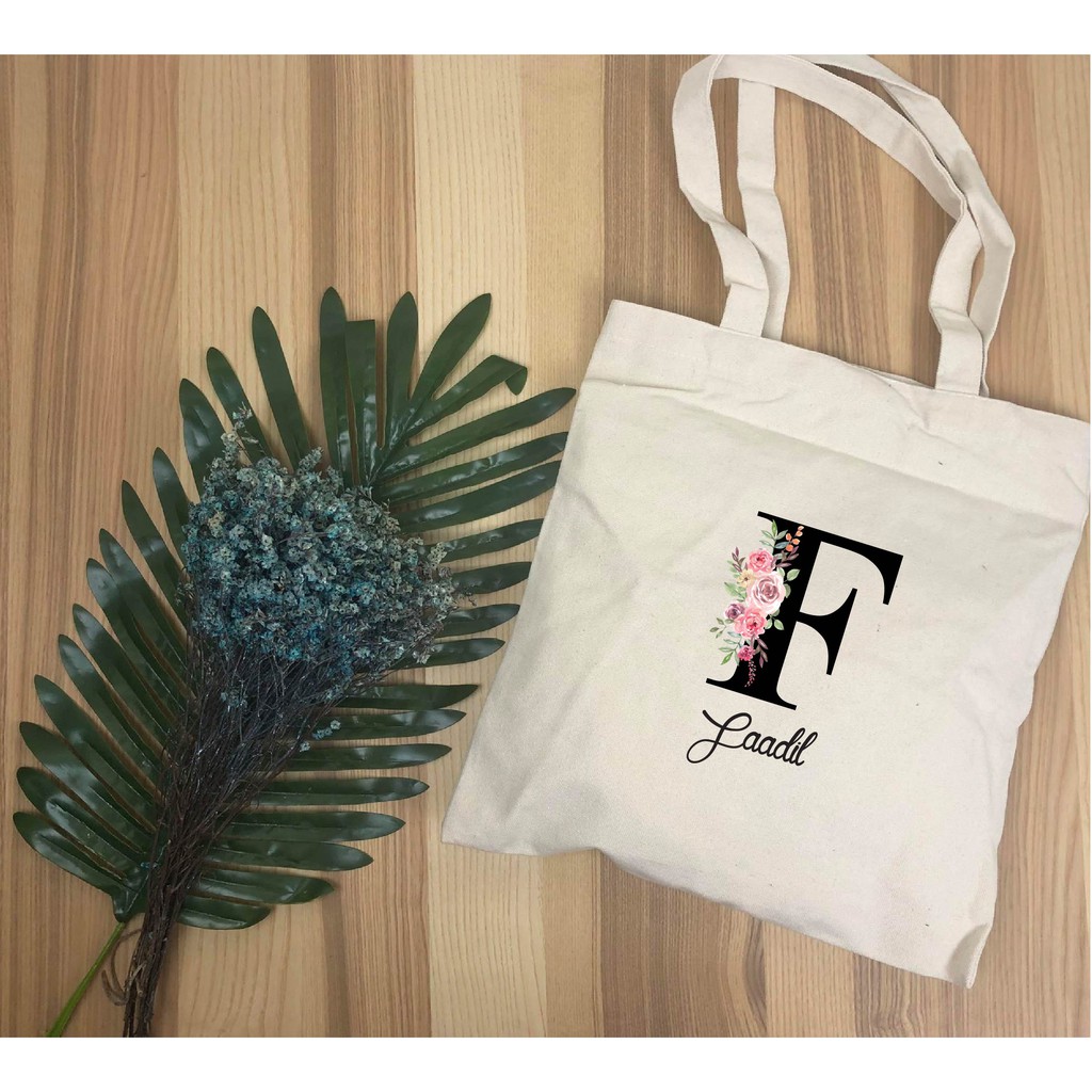 (SHIP TODAY- READY STOCK) A-Z Customize Floral Letters Name Canvas bag ...